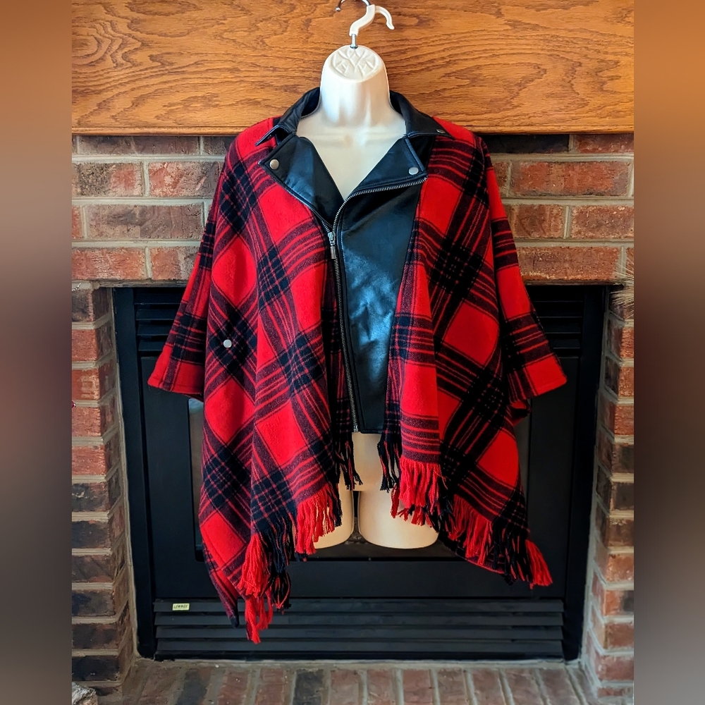 Rock & Republic Red Plaid Poncho Women Size Xs/S - Gem